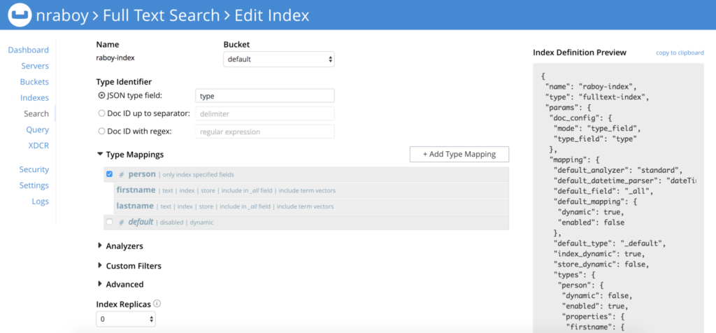 Creating a Full Text Search Index and include in Couchbase Apps
